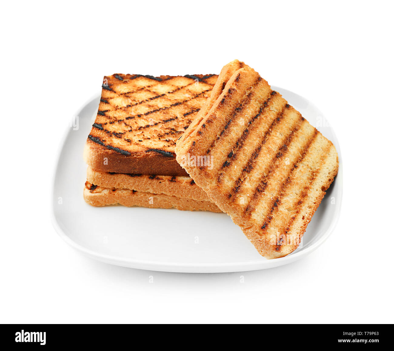 Plate with toasted bread on white background Stock Photo - Alamy
