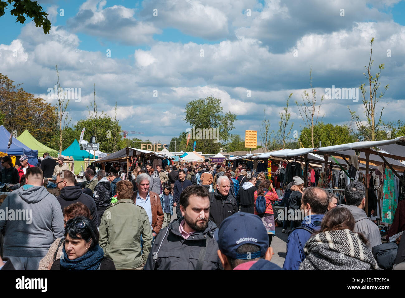 Berlin, Germany - May, 2019: People on flea market at Mauerpark on ...