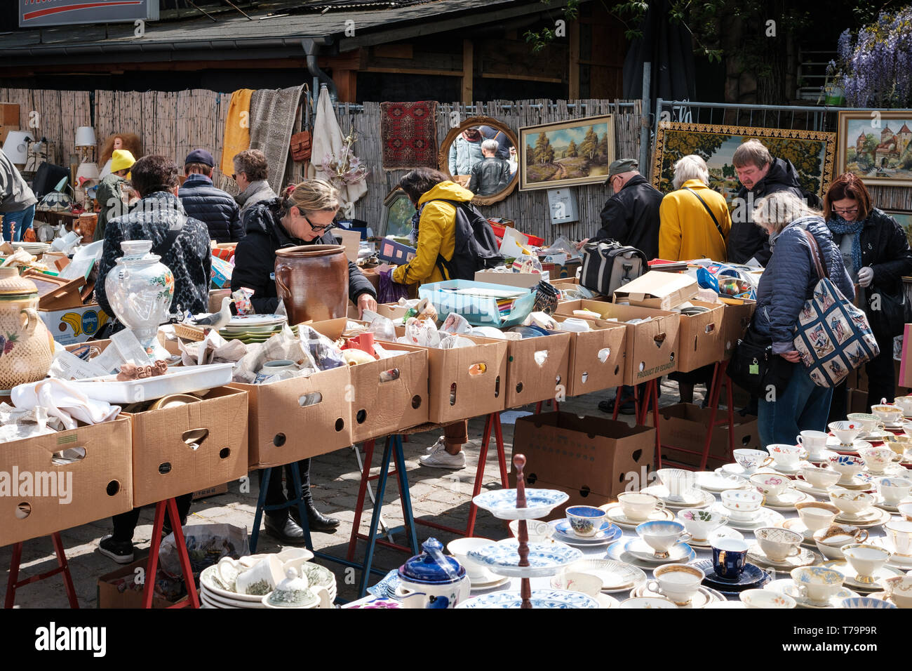 Berlin, Germany - May, 2019: People on flea market at Mauerpark on ...