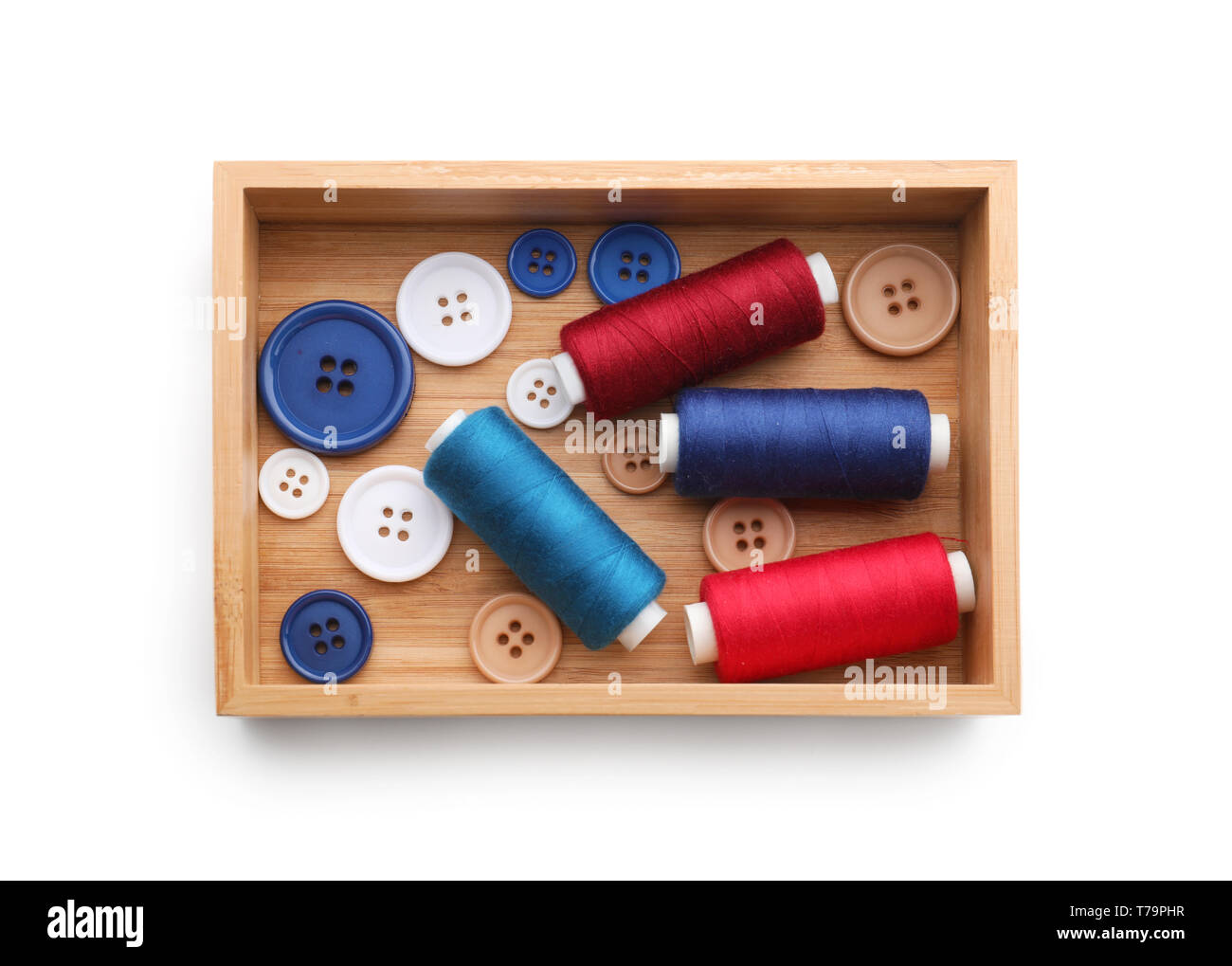 Wooden box with threads and buttons on white background Stock Photo - Alamy