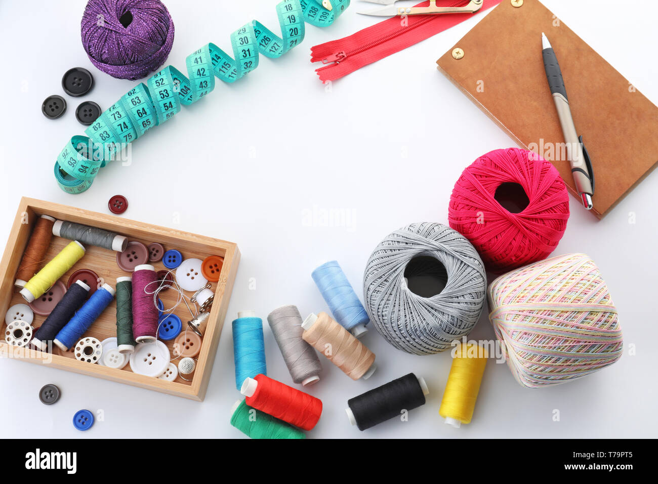 Frame made of sewing accessories on white background Stock Photo - Alamy
