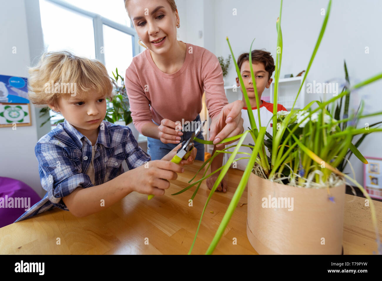 Boy feeling busy. Cute dark-eyed boy feeling busy while cutting edges ...