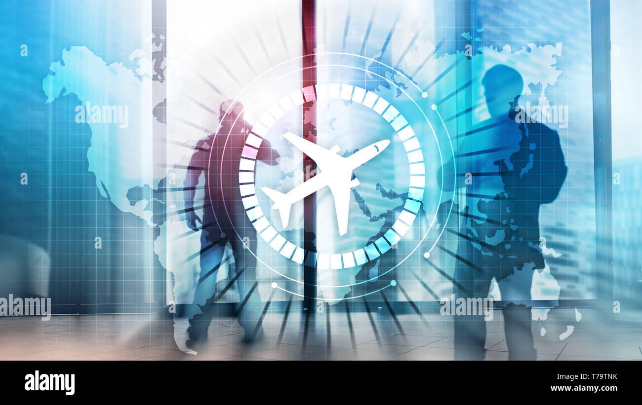 Airplane icon on virtual screen. Airplane transportation route network ...