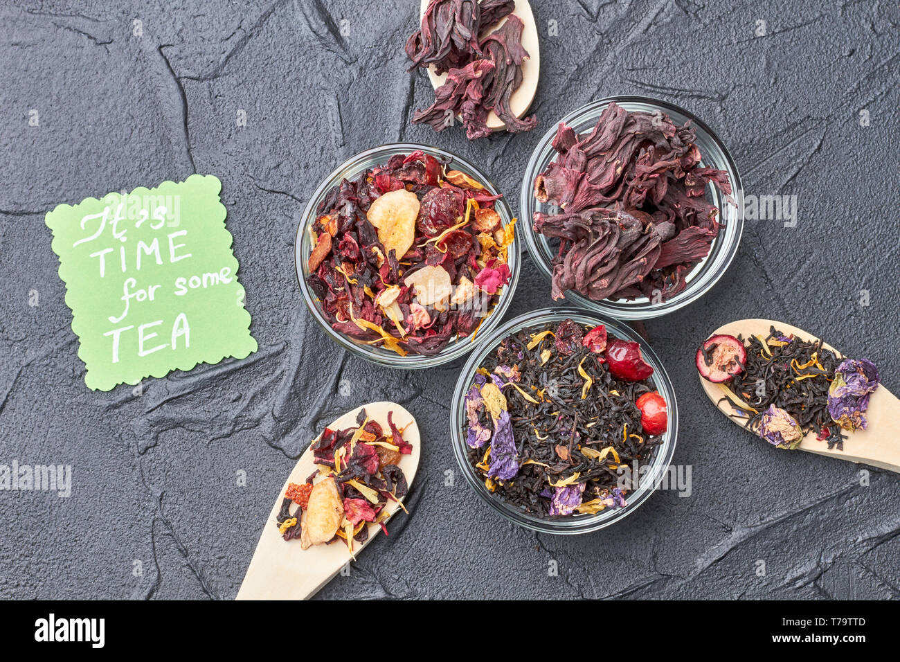 Flat lay composition with different types of dry tea leaves. Assorted ...