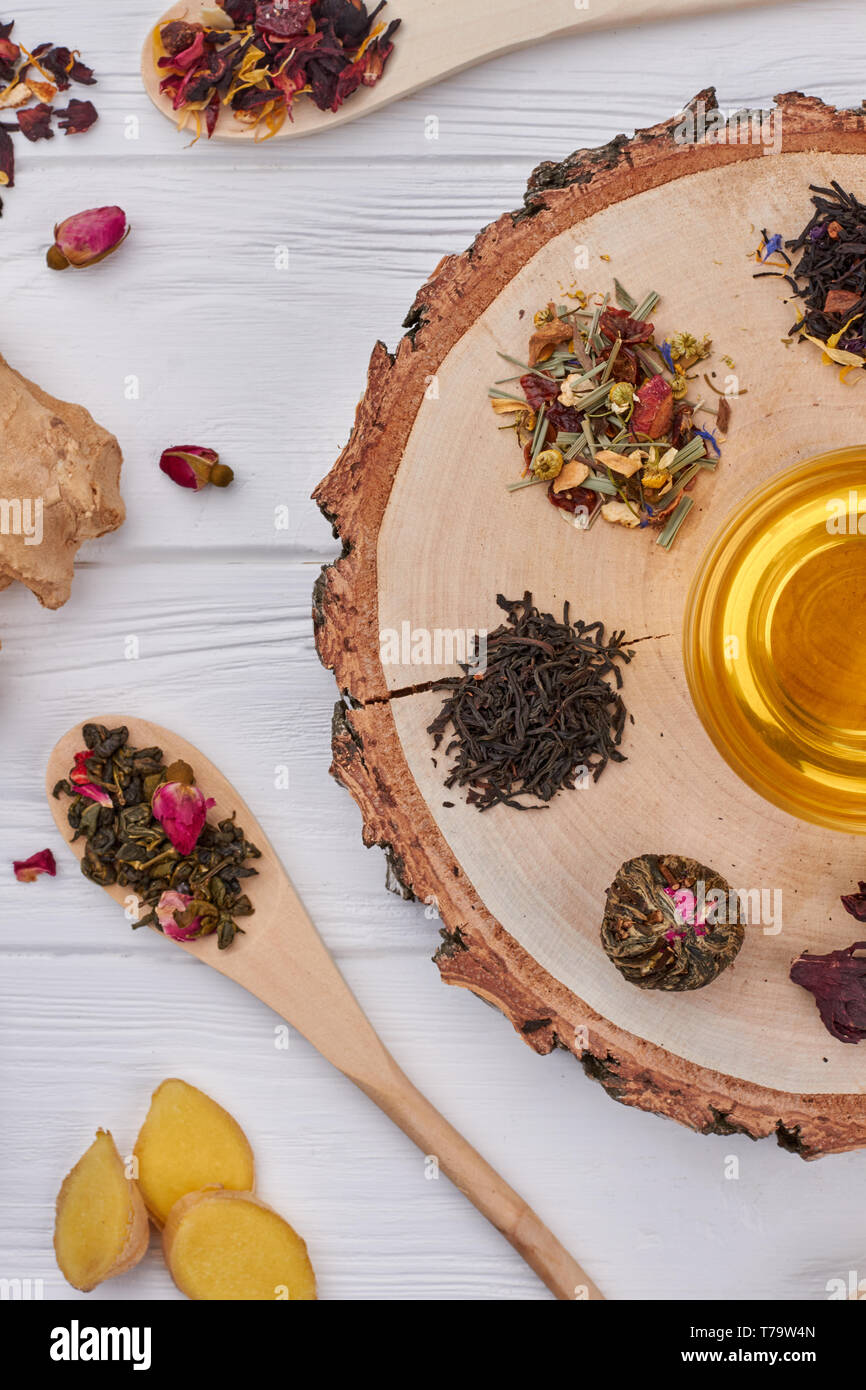 Composition with assorted dried tea. Flat lay composition with ...