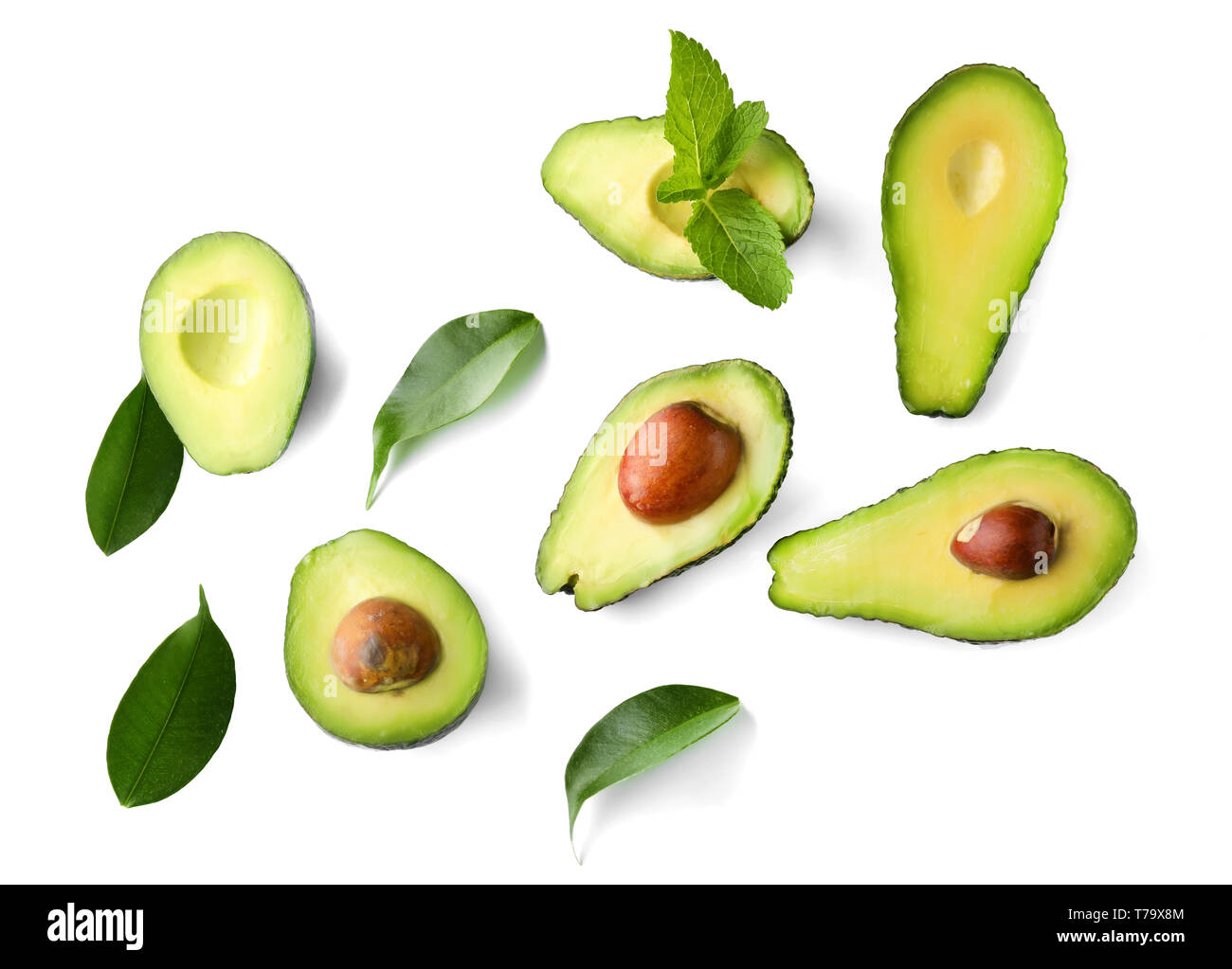 Fresh avocados on white background, flat lay Stock Photo - Alamy