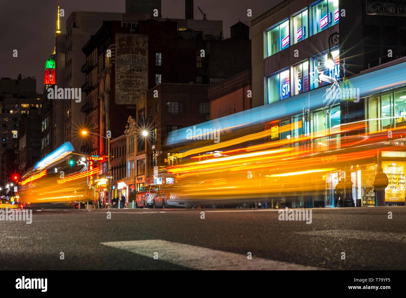 New York Street Car Lights By Night Stock Photo - Alamy