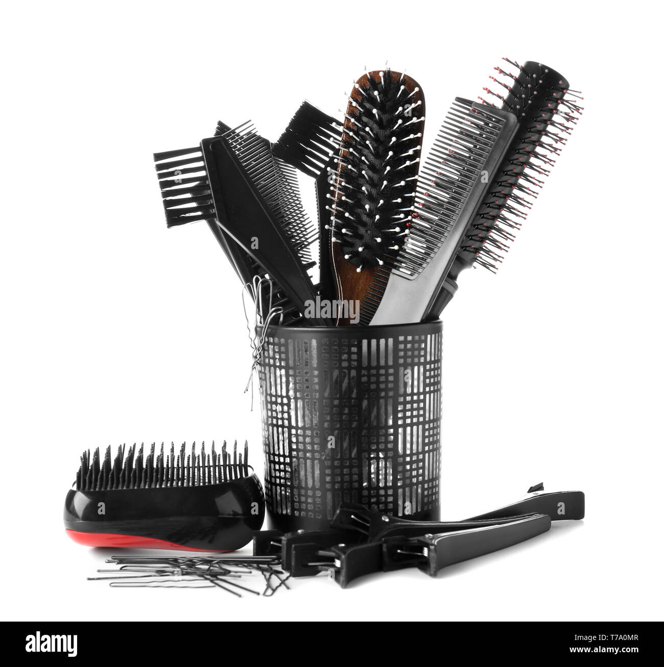 Professional hairdresser's set on white background Stock Photo - Alamy