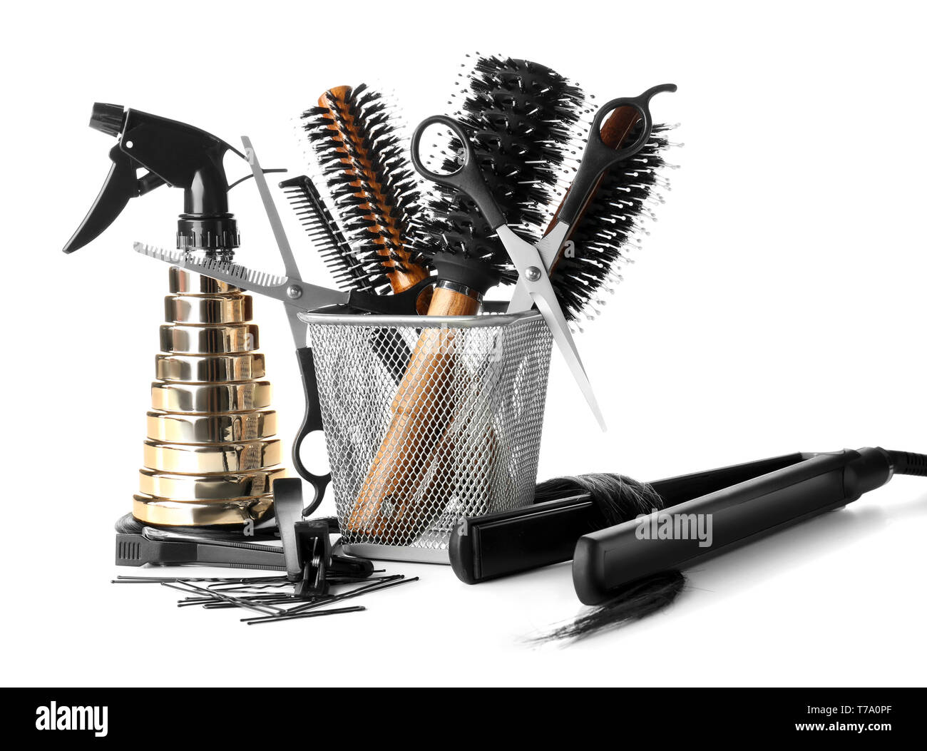 Professional hairdresser's set on white background Stock Photo - Alamy
