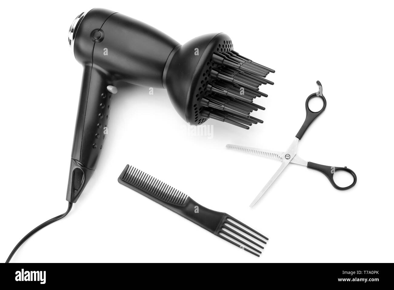 Professional hairdresser's tools with diffuser hair dryer on white ...
