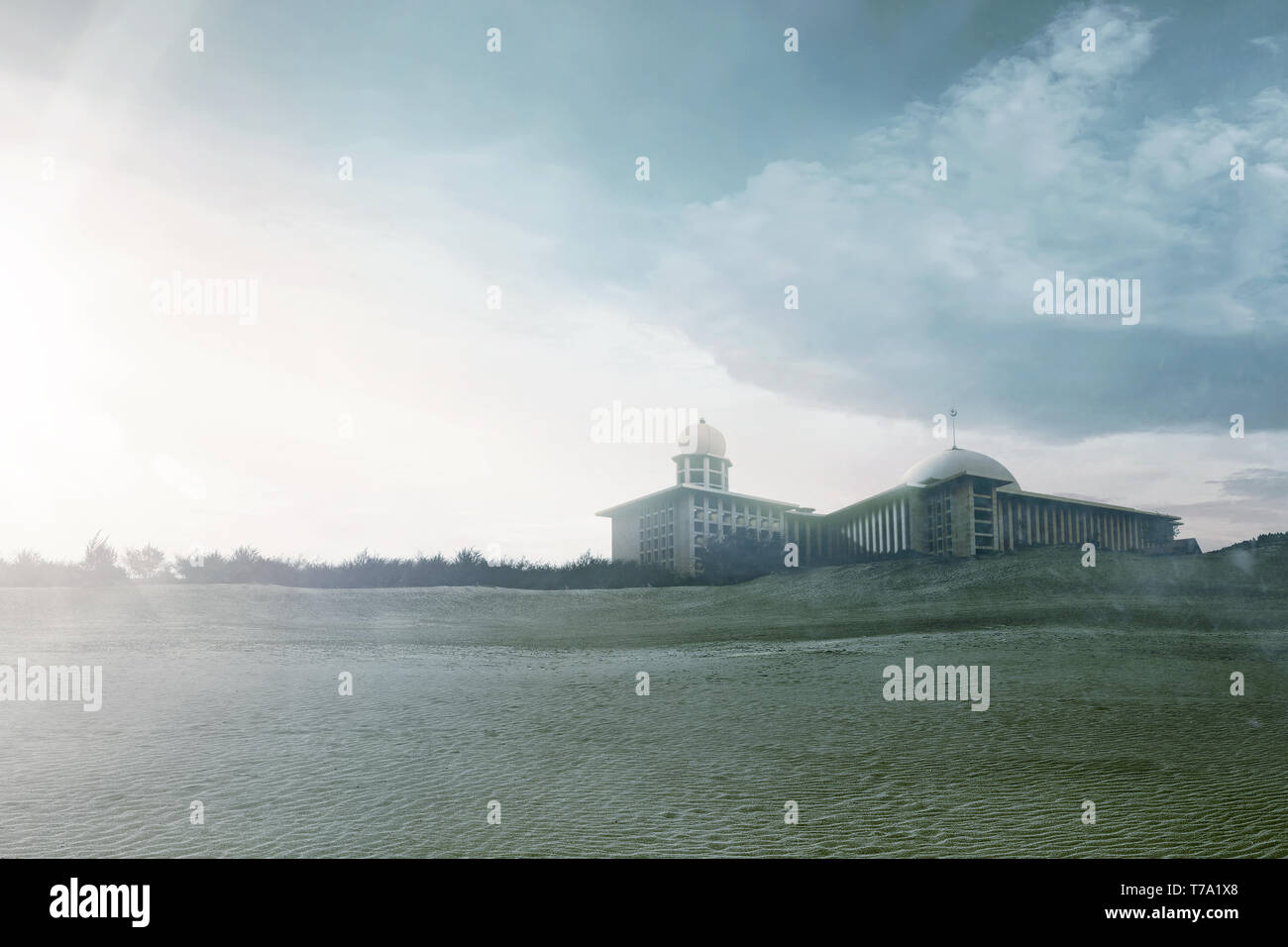 Beautiful mosque in desert with sand dune and grass over dark sky ...