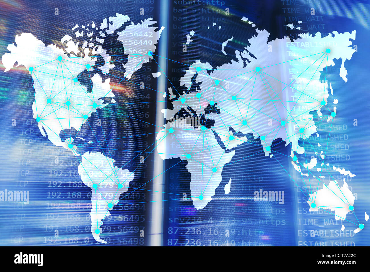 Internet and telecommunication concept with world map on server room ...