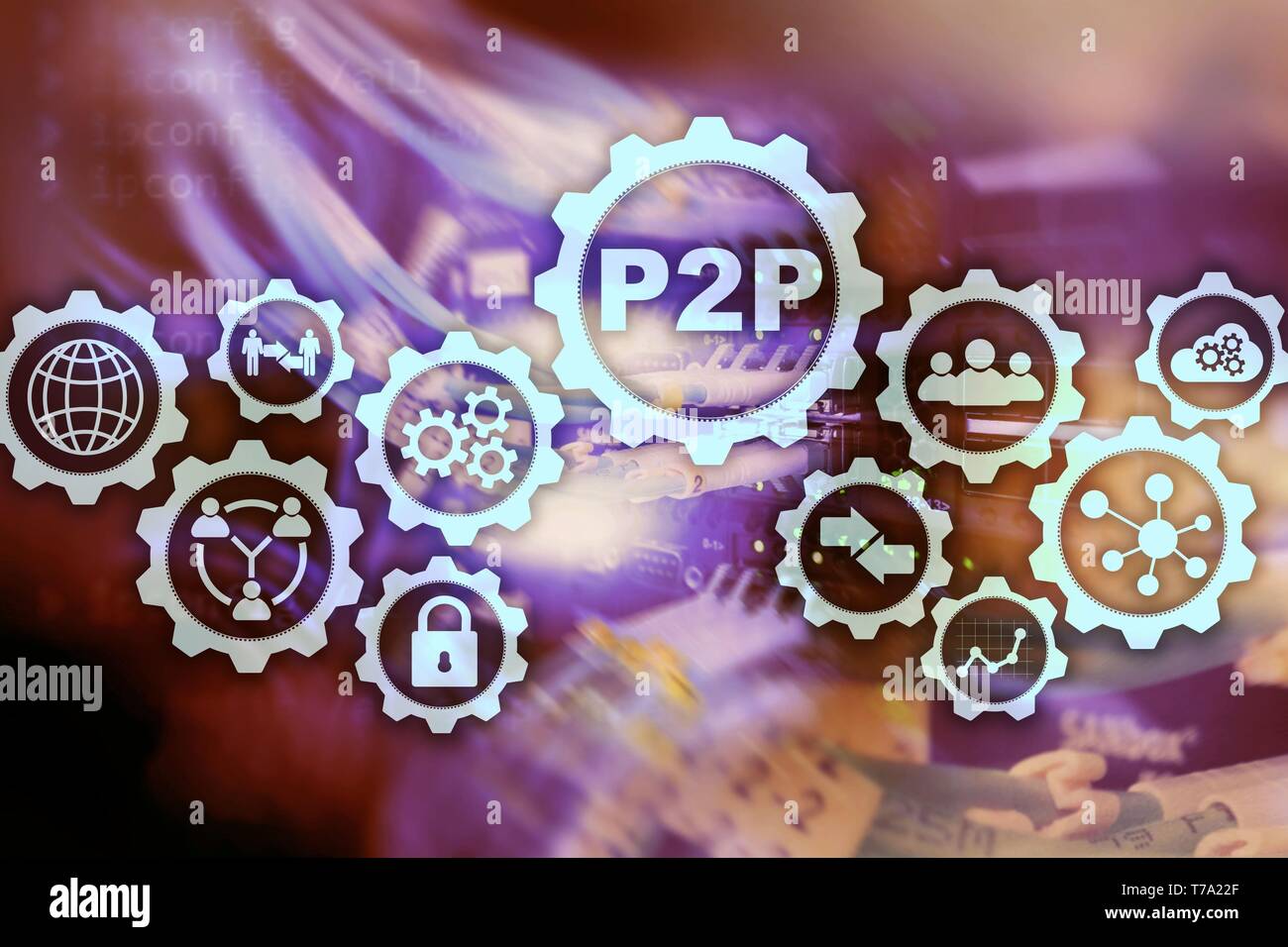 Peer to peer. P2P on the virtual screen with a server room background ...