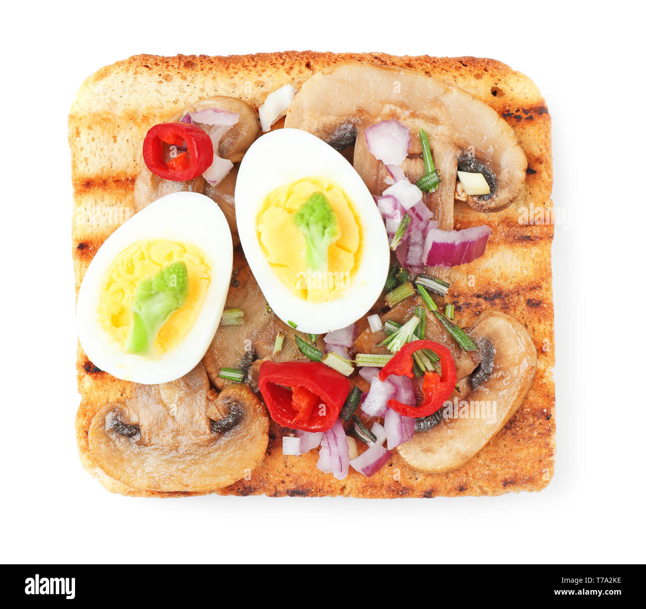 Delicious toast with egg and vegetables on white background Stock Photo ...