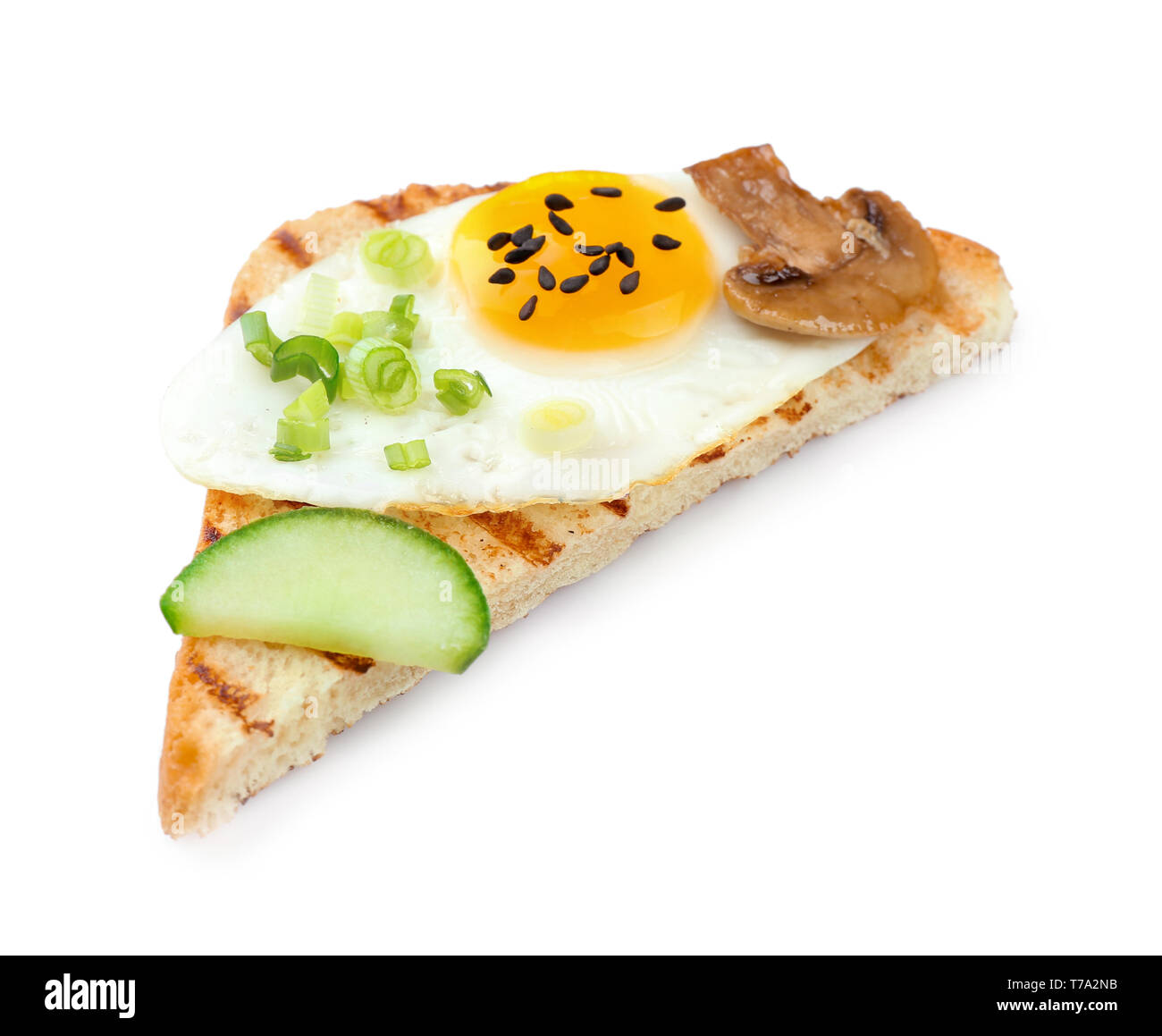 Delicious toast with fried egg and vegetables on white background Stock ...