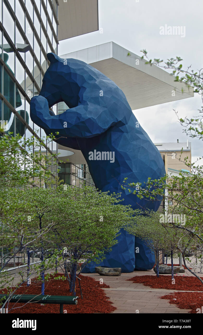 Denver, Colorado - May 4, 2019: Iconic blue bear sculpture, "I see what ...