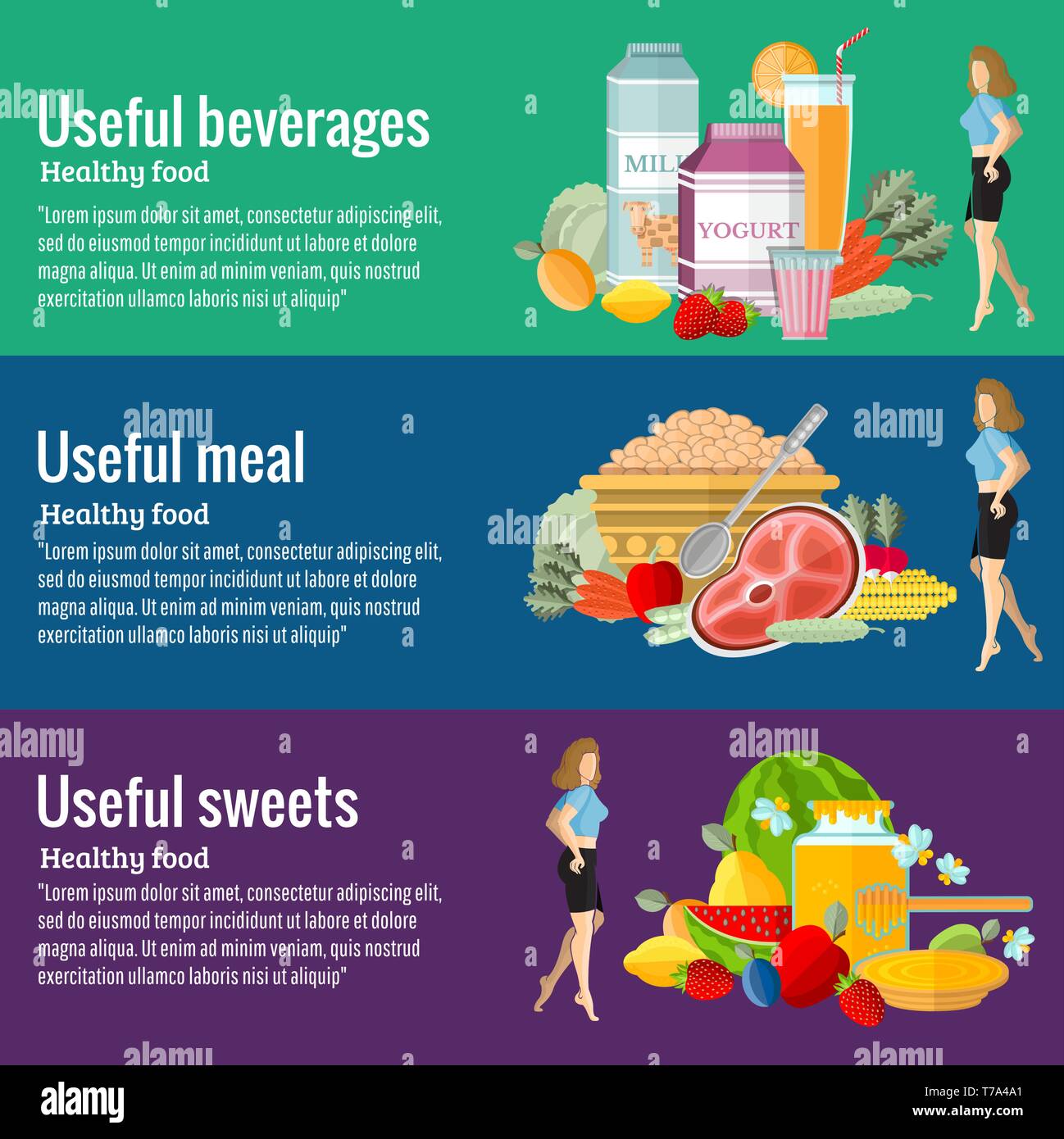 Health life brochure with woman and food in flat style Stock Vector ...