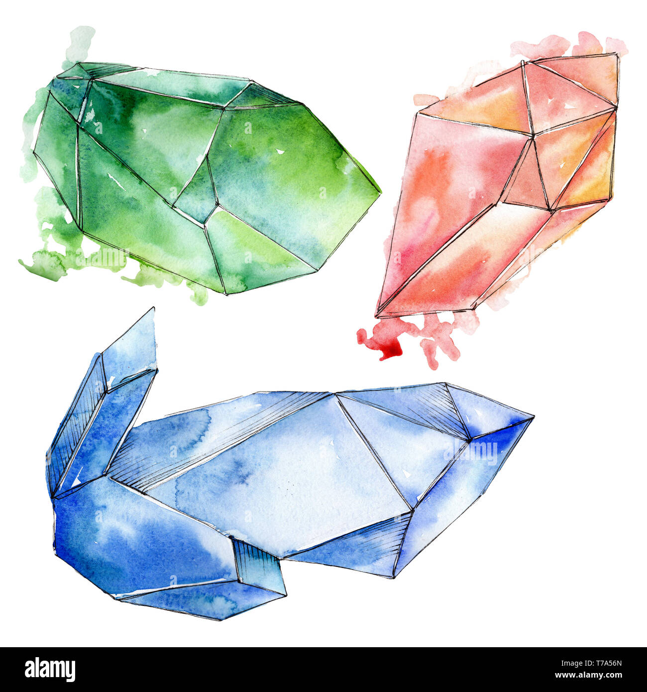 Colorful diamond rock jewelry minerals. Watercolor background set ...