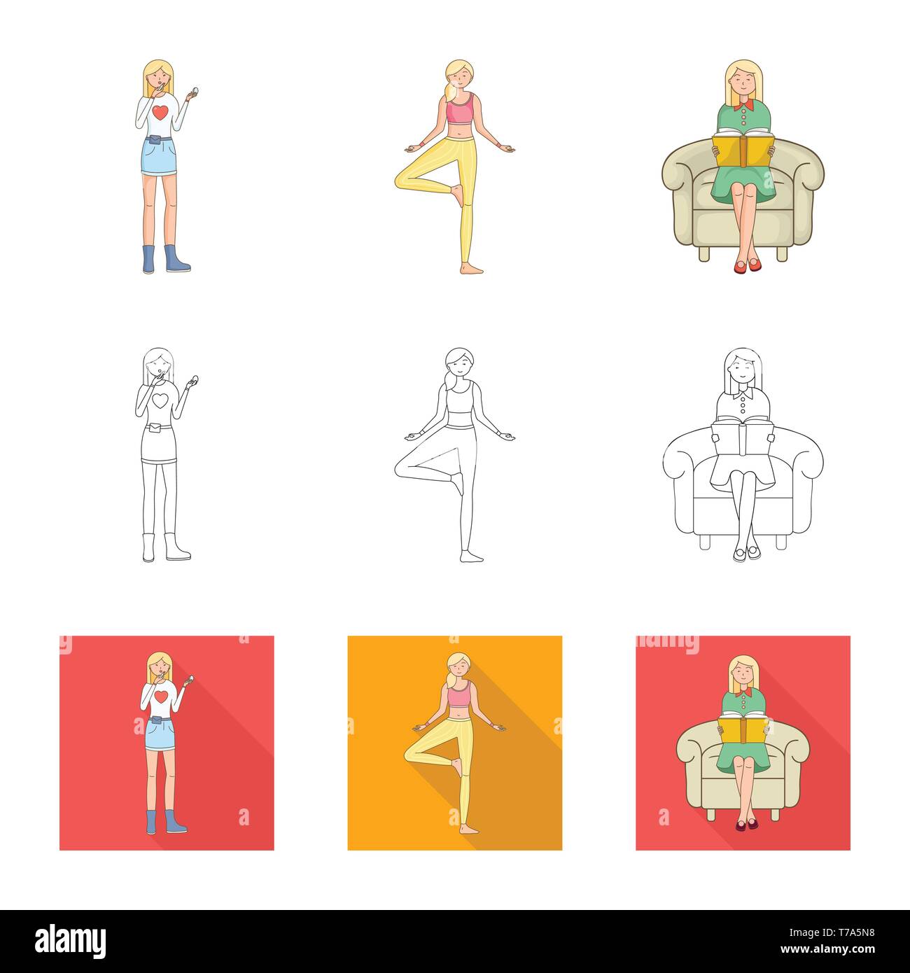 Vector illustration of posture and mood icon. Set of posture and female ...