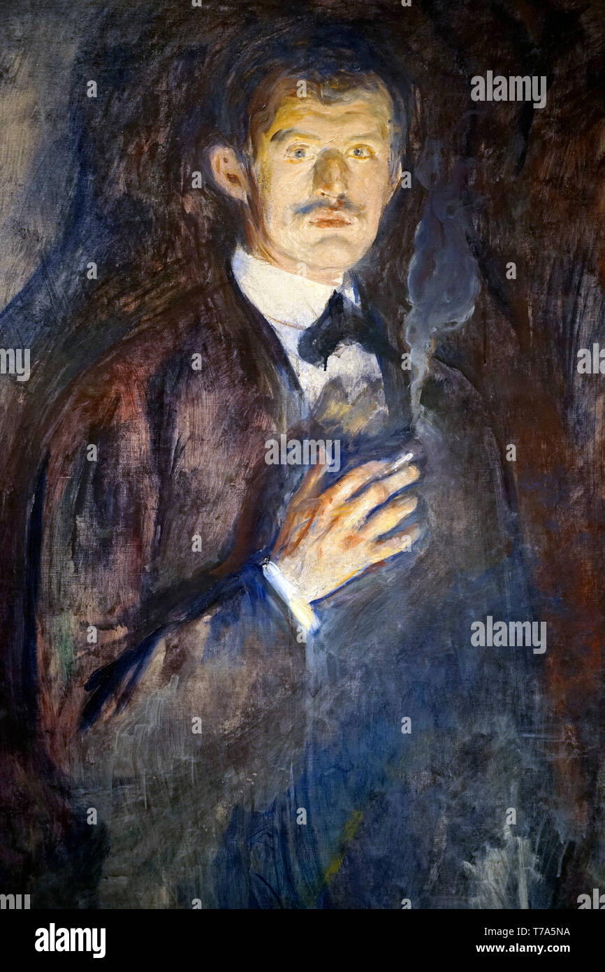 A closed up view of Self-Portrait with cigarette (1895) by Edvard Munch ...