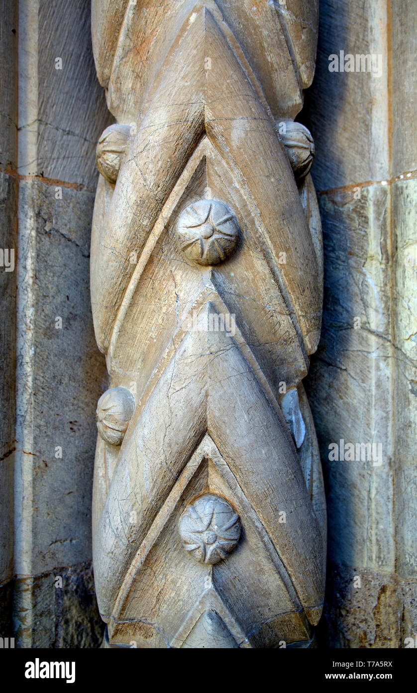 Abstract carved decoration on a column of the medieval church of ...