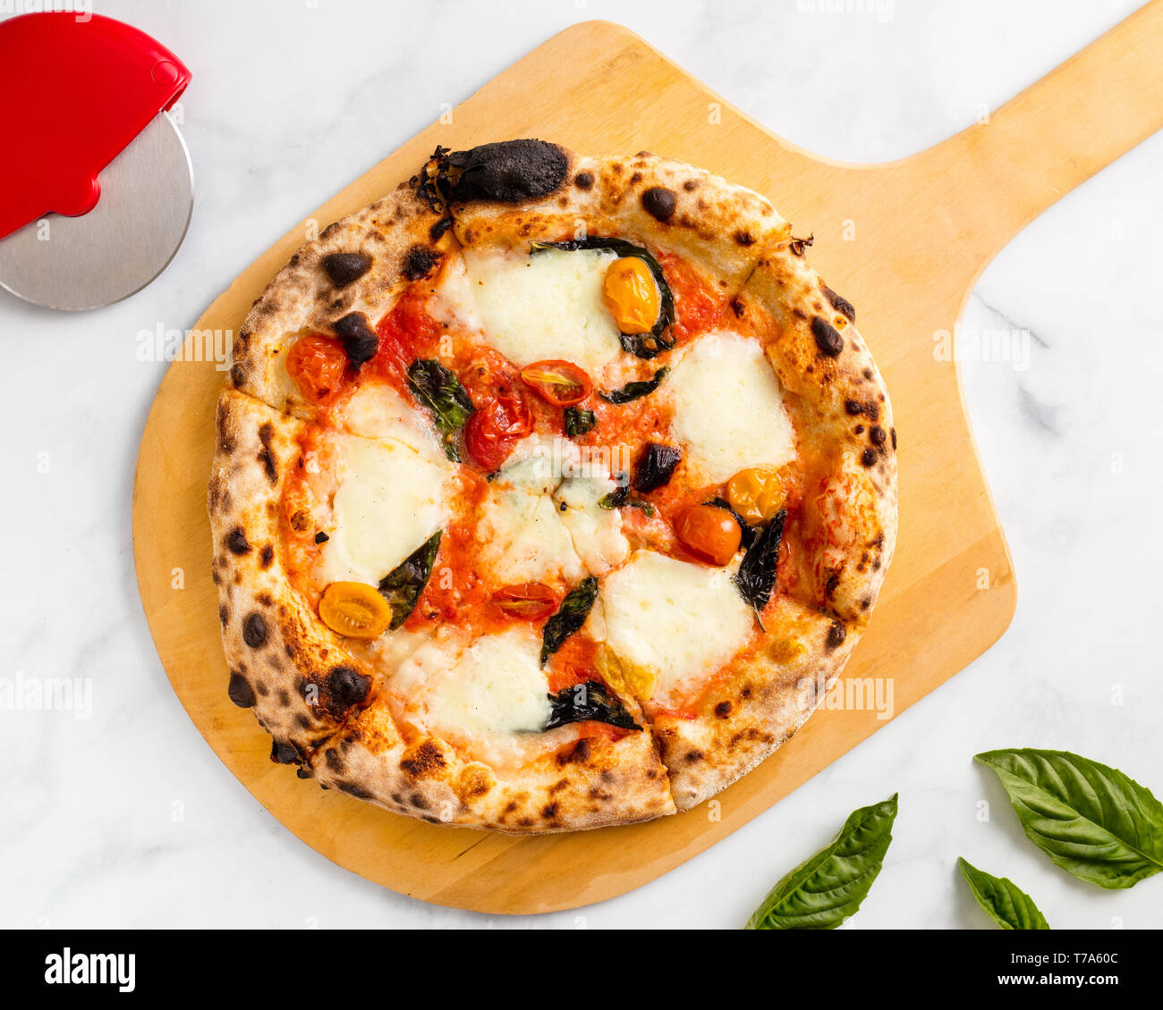 Wood Oven Fresh Mozzarella Pizza on a Pizza Peel with a White Marble ...