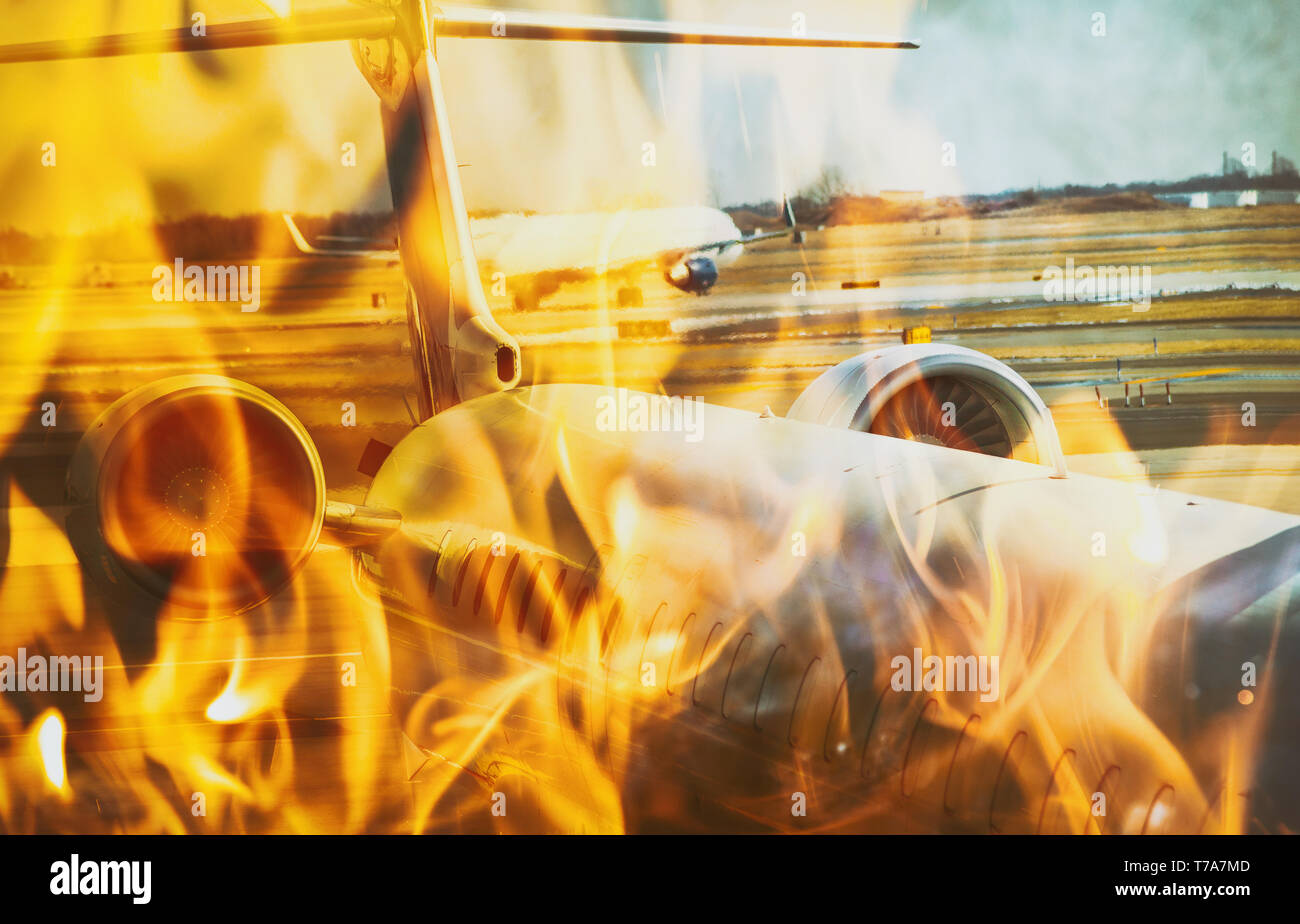 White plane with engine on fire to crash in the gate collage with ...