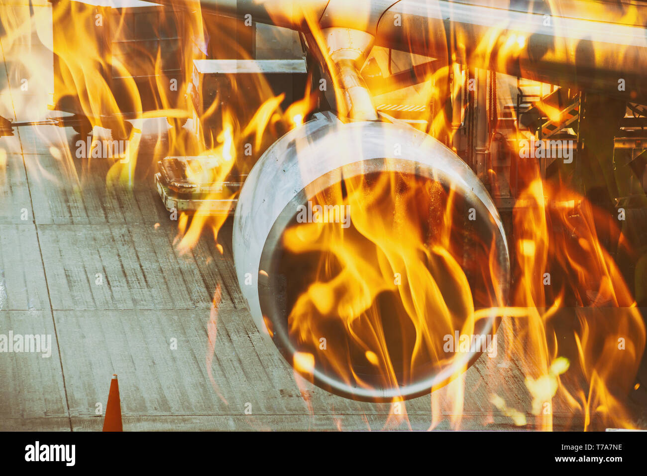 Fire fights a burning plane on airoport on the ground. Collage with ...