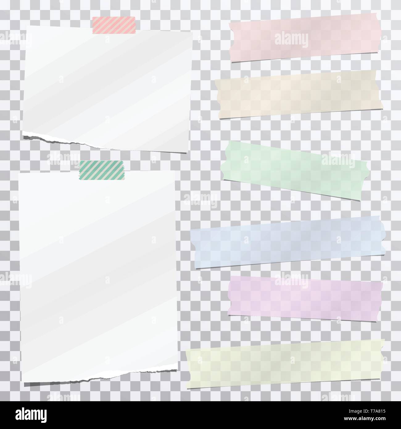Colorful adhesive, sticky, masking tape strips with torn white note ...