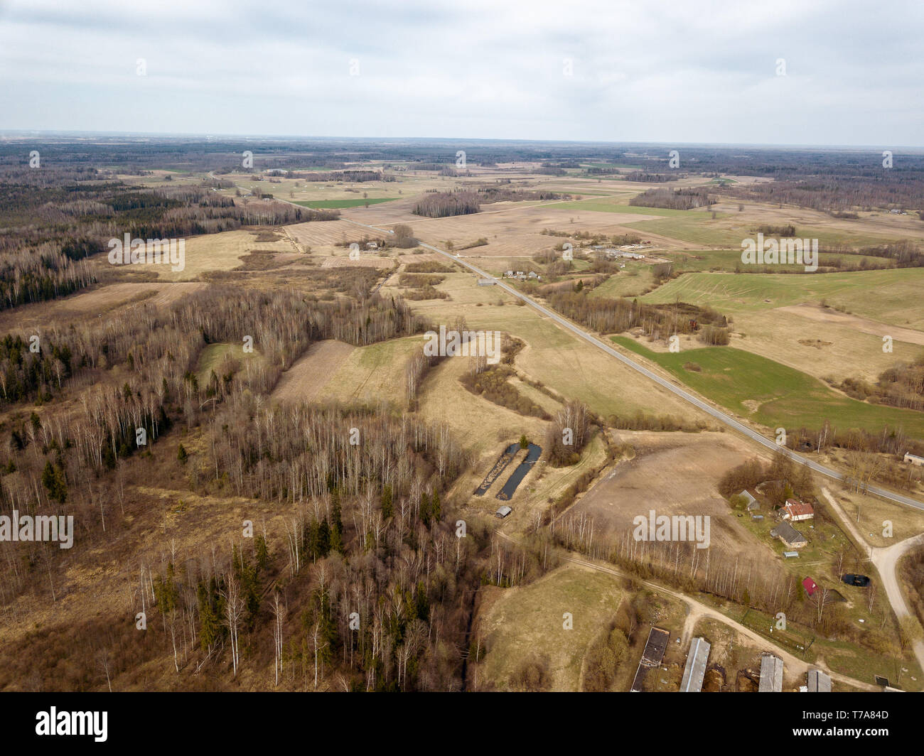 aerial view of rural area and roads in spring. overcast day Stock Photo ...