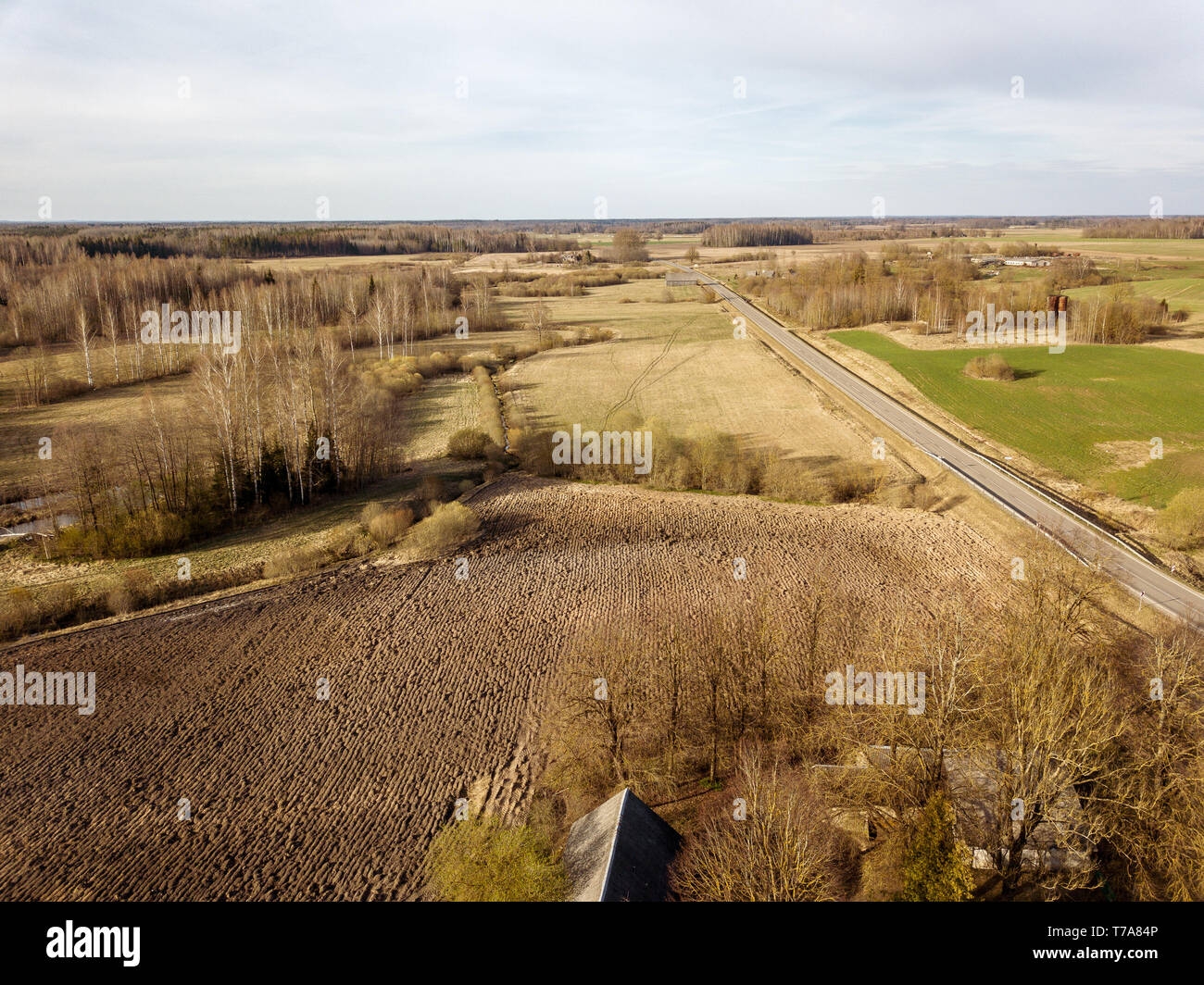 aerial view of rural area and roads in spring. overcast day Stock Photo ...