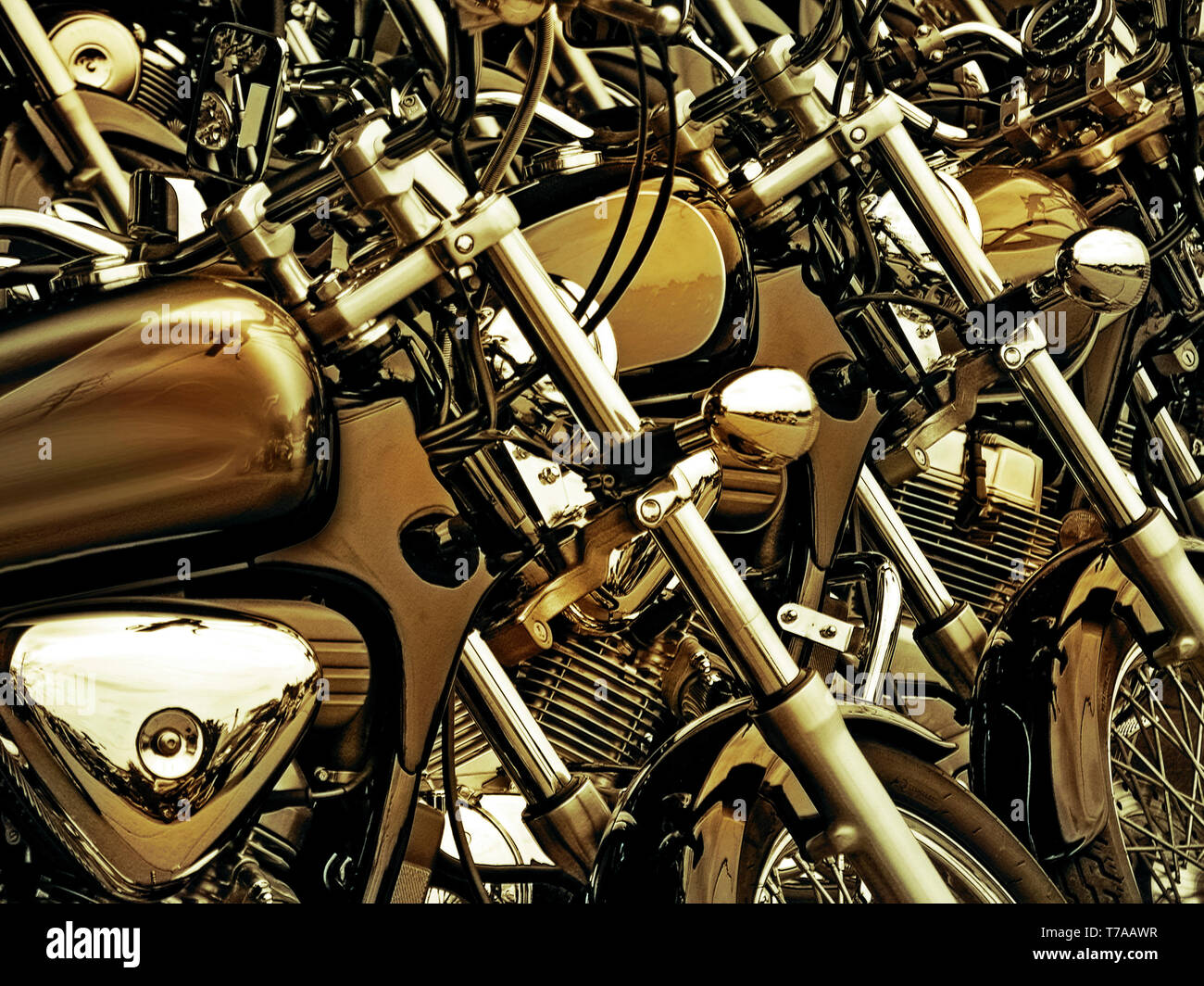 Similar style motorcycles parked side by side. Colors changed to rich ...