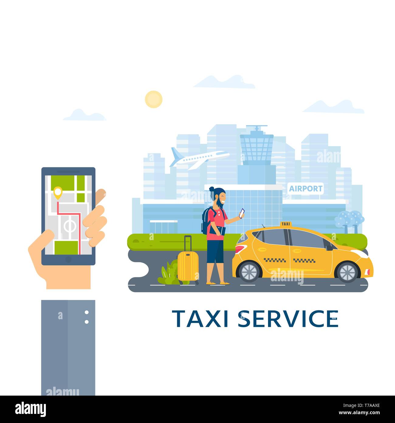 Machine yellow cab and young man with baggage searching for taxi in the ...