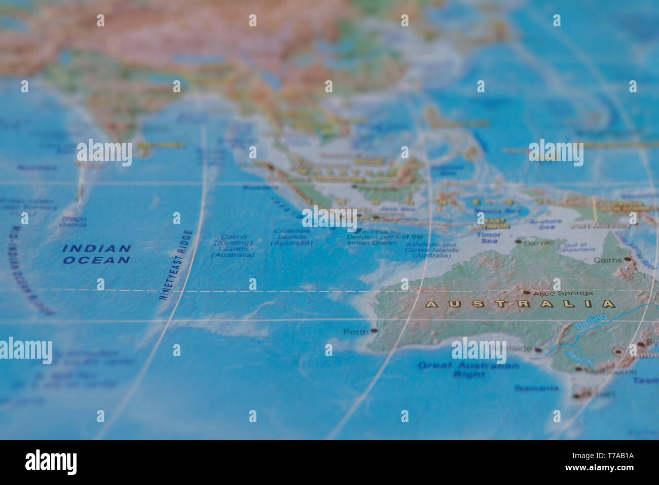 Australia in close up on the map. Focus on the name of country ...