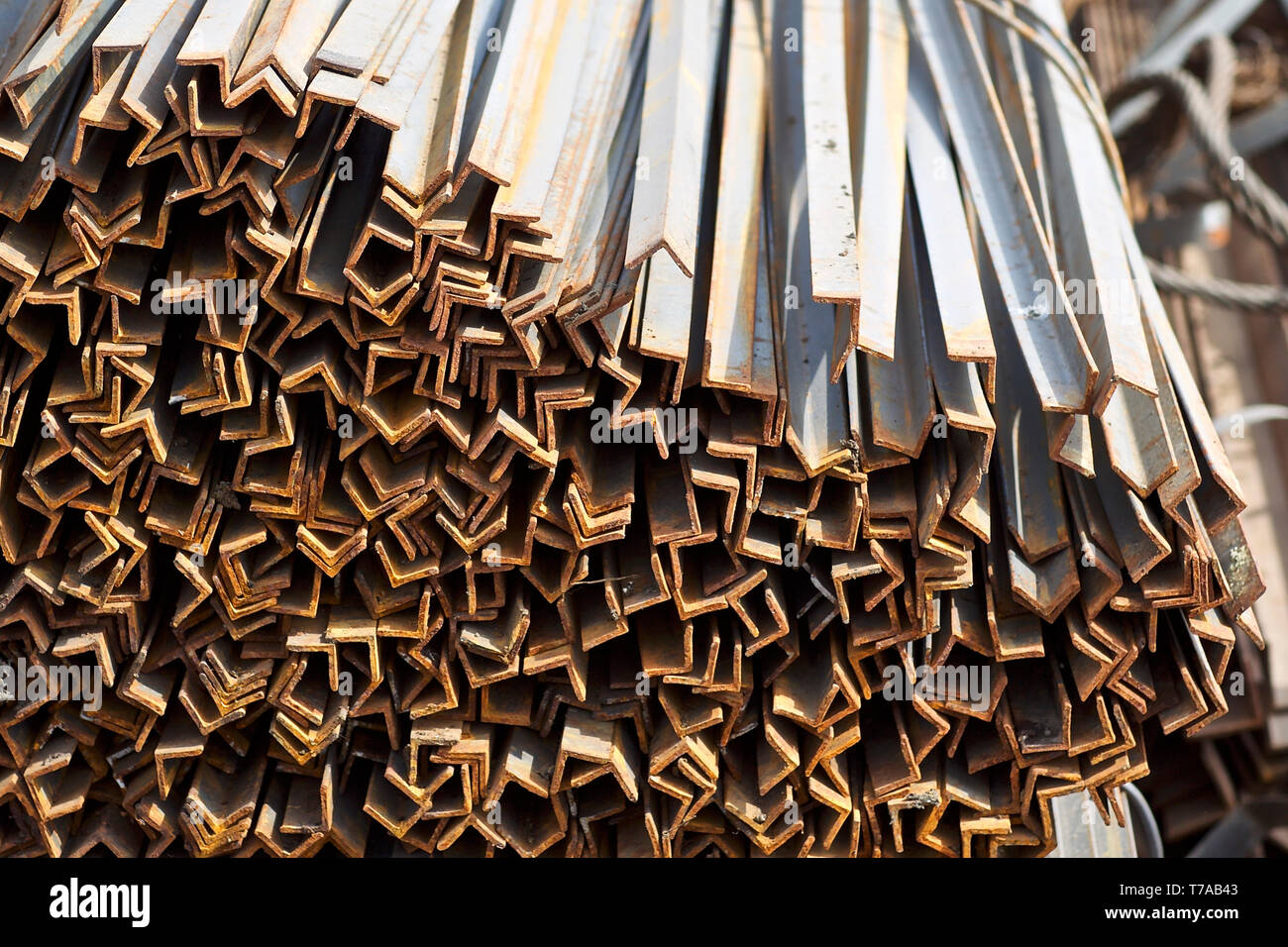 Metal profile angle in packs at the warehouse of metal products, Russia ...