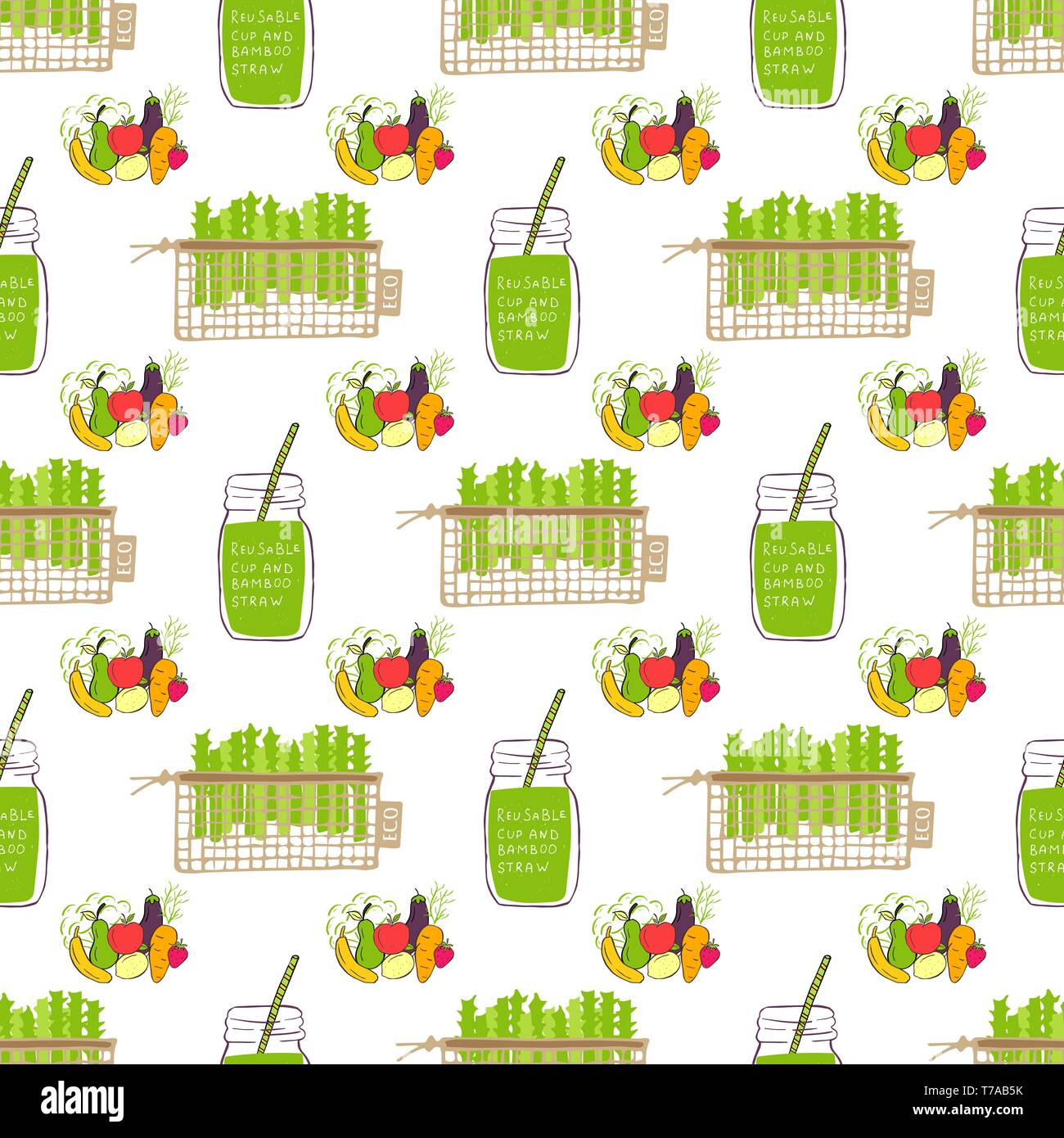 Seamless pattern. Hand drawn Zero waste vector design. No plastic ...