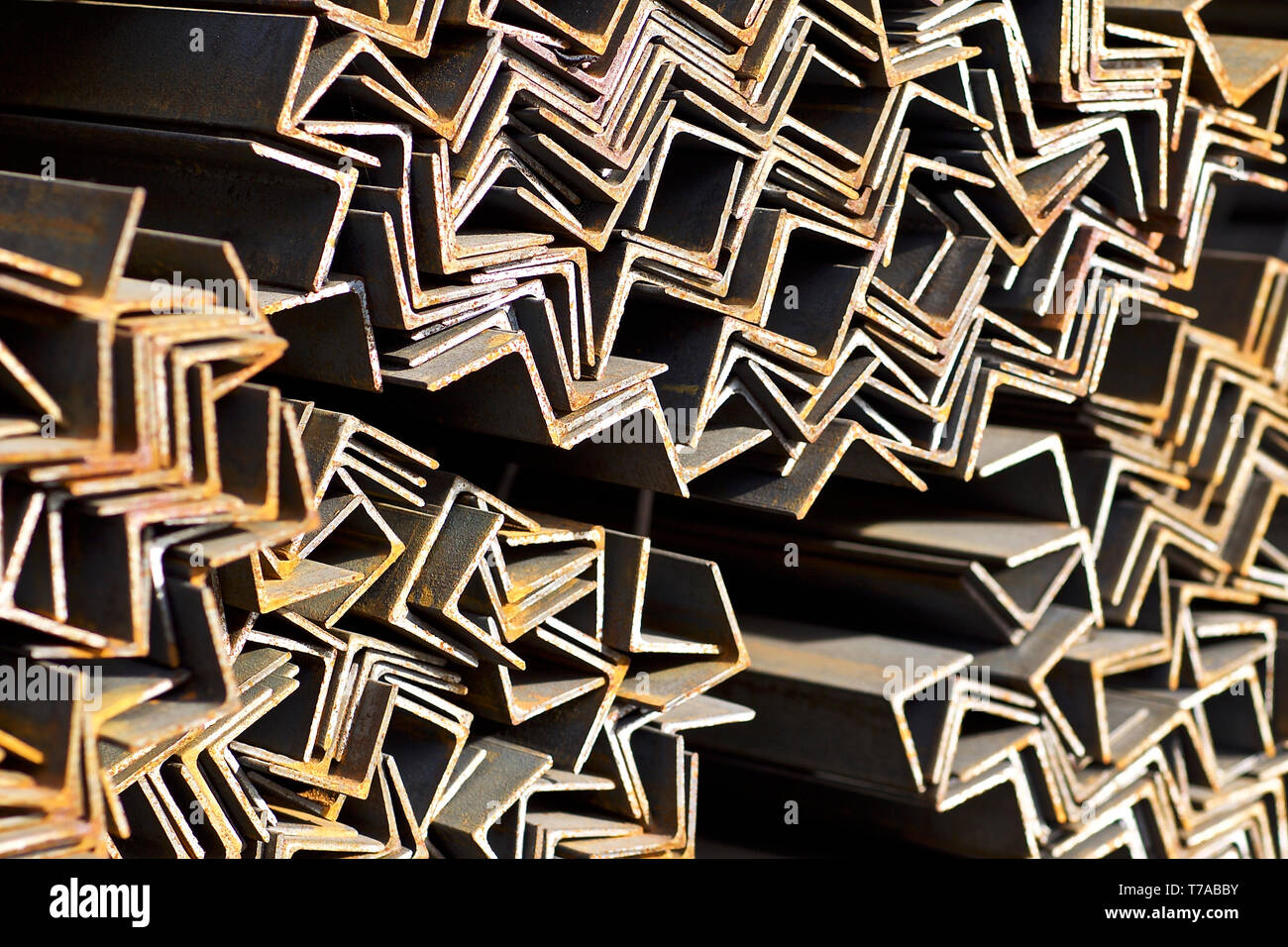 Metal profile angle in packs at the warehouse of metal products, Russia ...