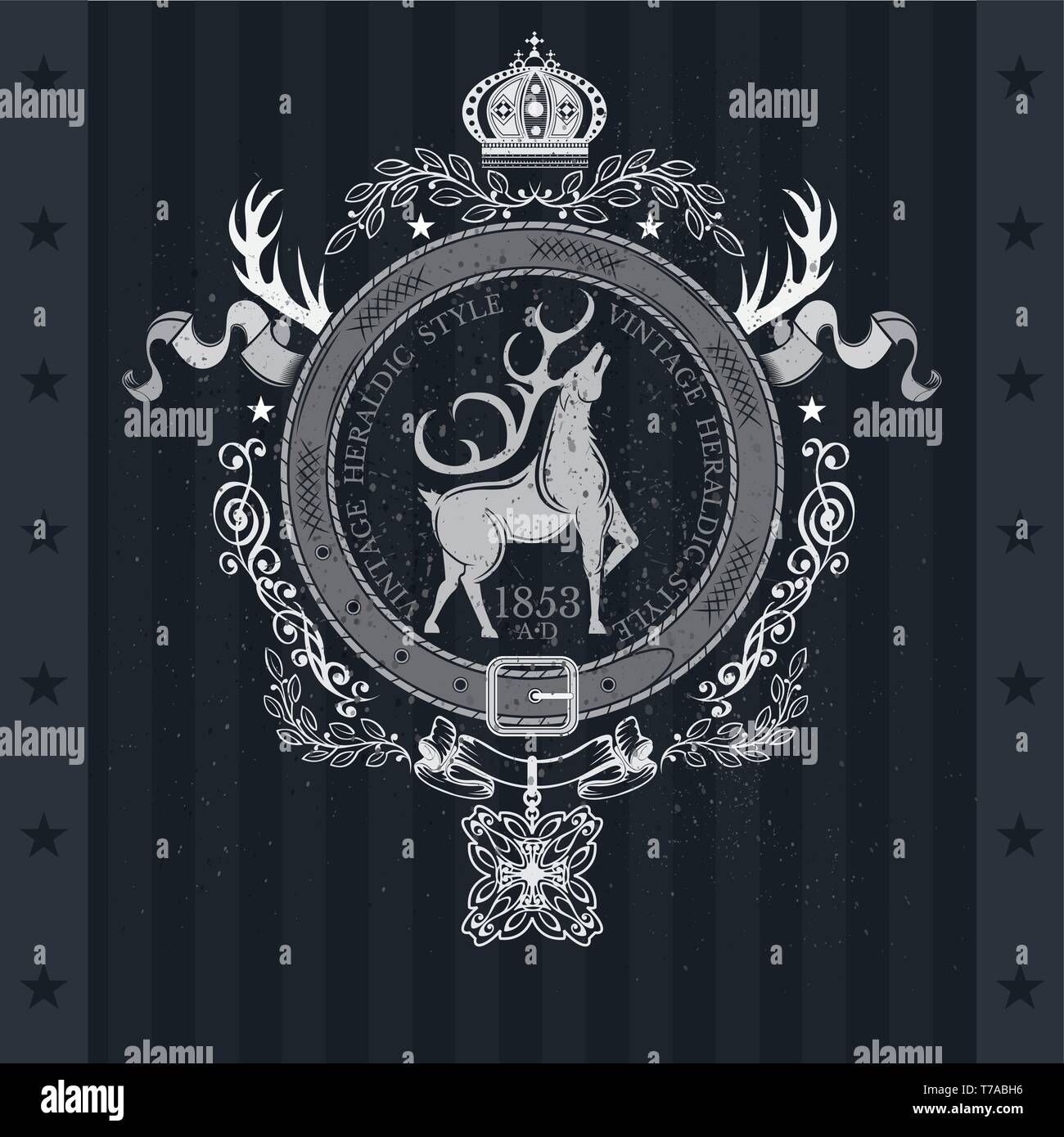 Deer in center of round belt with ribbons horn and pattern. Heraldic ...