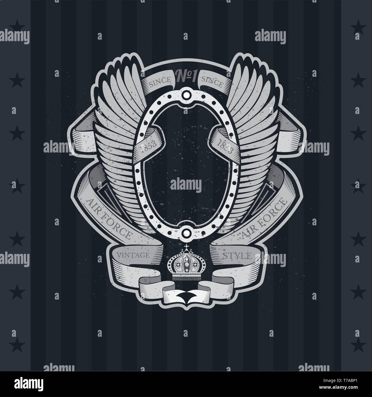 Oval frame cross with ribbons between open wings. Heraldic vintage ...