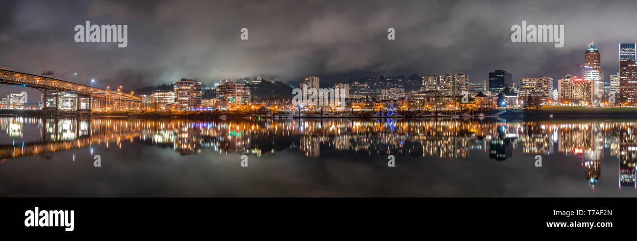 Wide Angle Panorama of Downtown Portland With Marquam Bridge on the ...