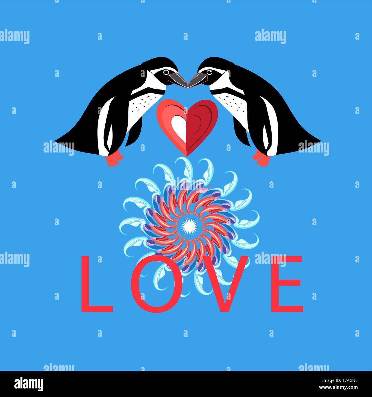 Vector funny loving penguins with heart on blue background Stock Vector ...