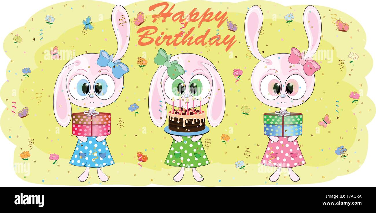 Birthday greeting card with cute rabbits. cartoon vector illustration ...