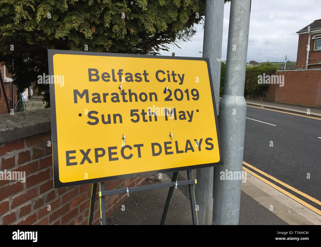 A road sign in place for the Belfast City Marathon. The organisers of ...