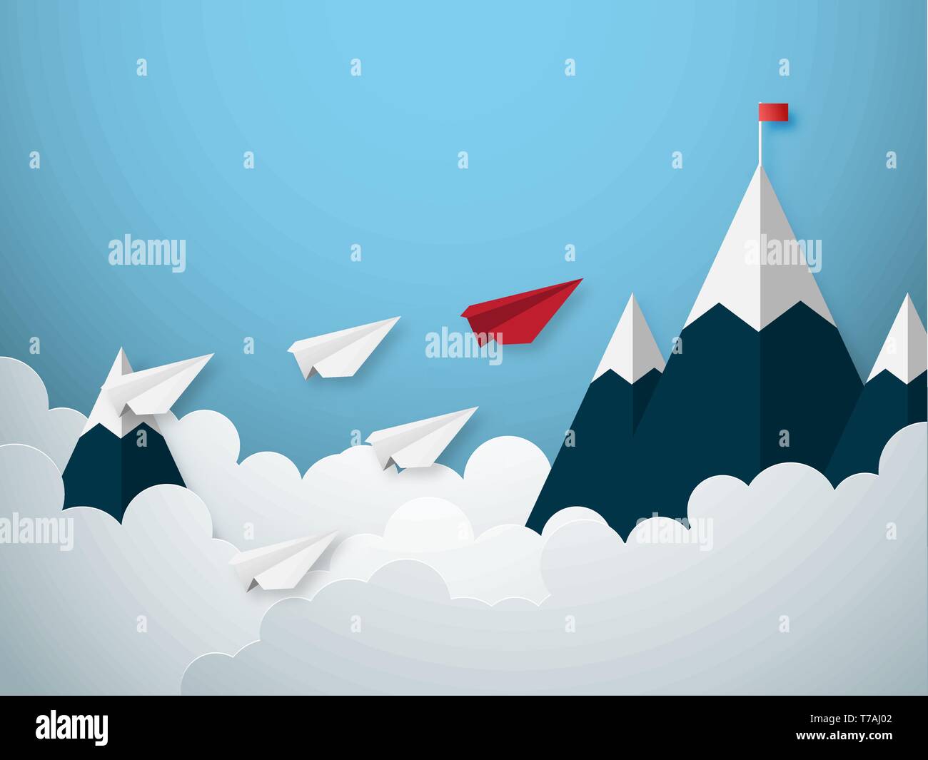 Leadership concept with red and white paper cut style airplane flying ...