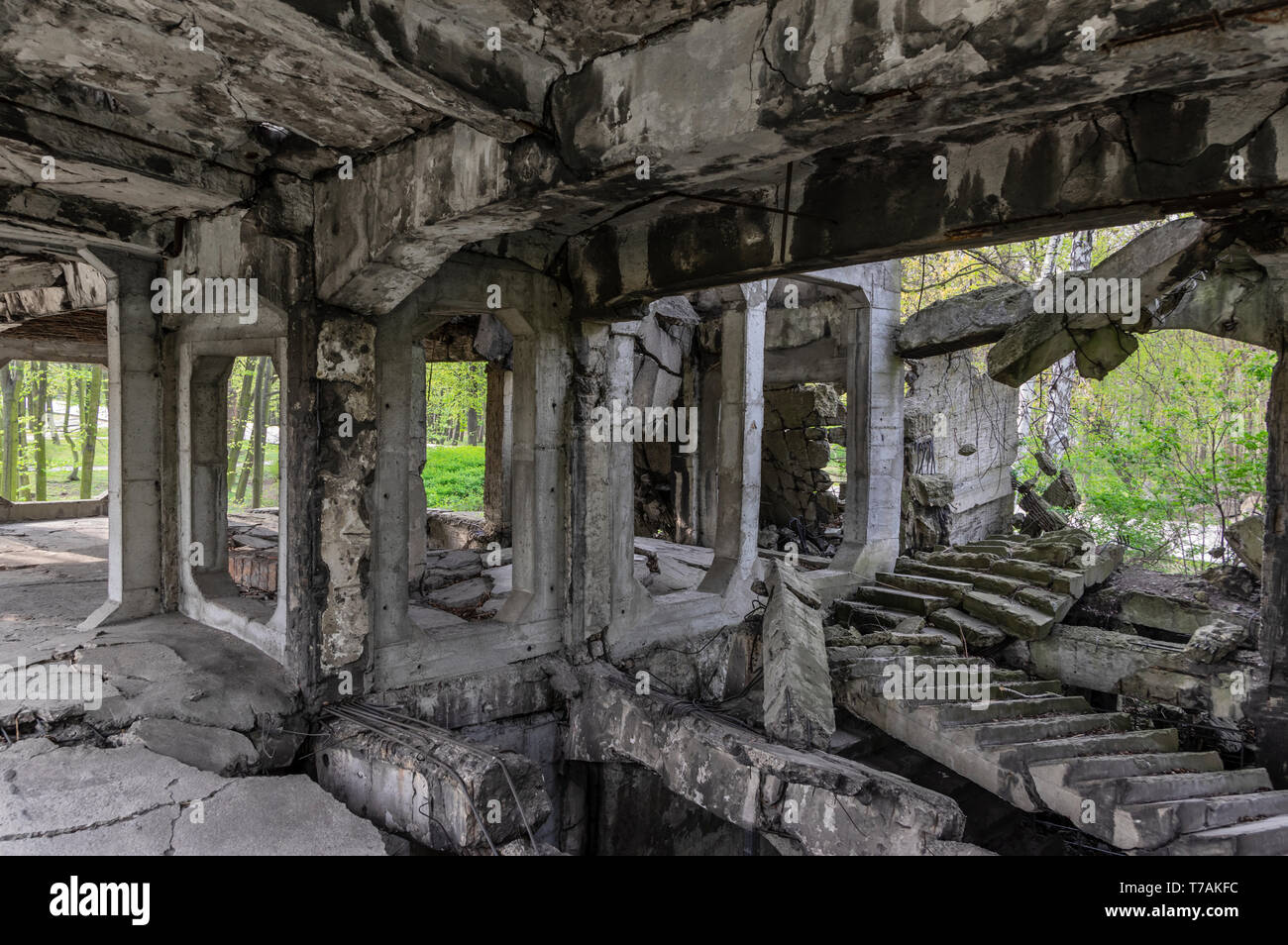 Interior of ruined, concrete building, abandoned in forest Stock Photo ...