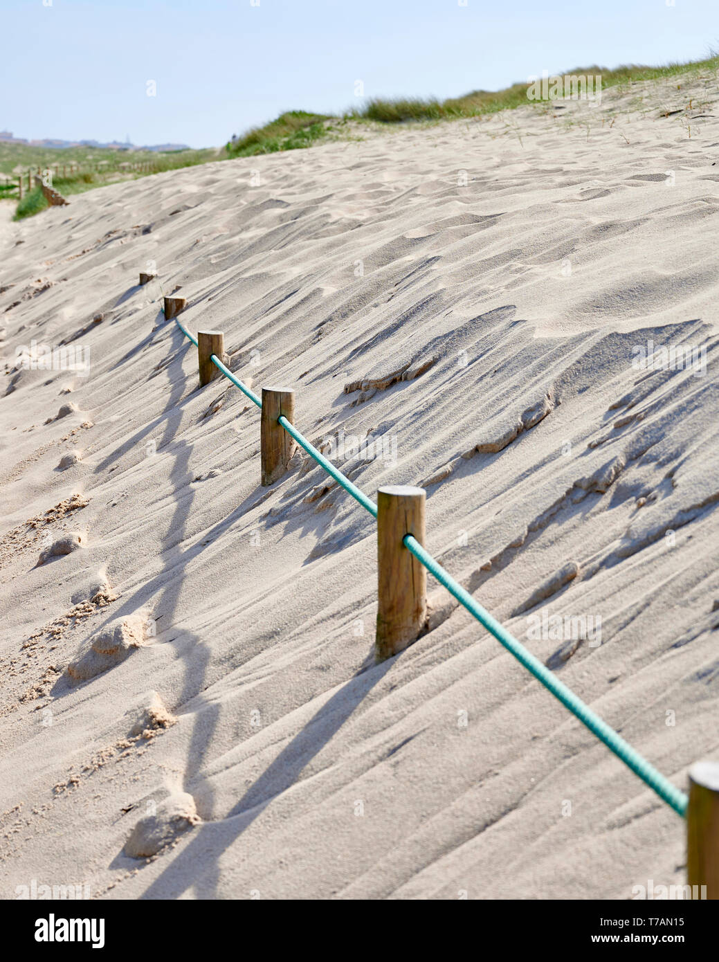 Row of wooden poles buried in the sand dunes and conected by green rope ...