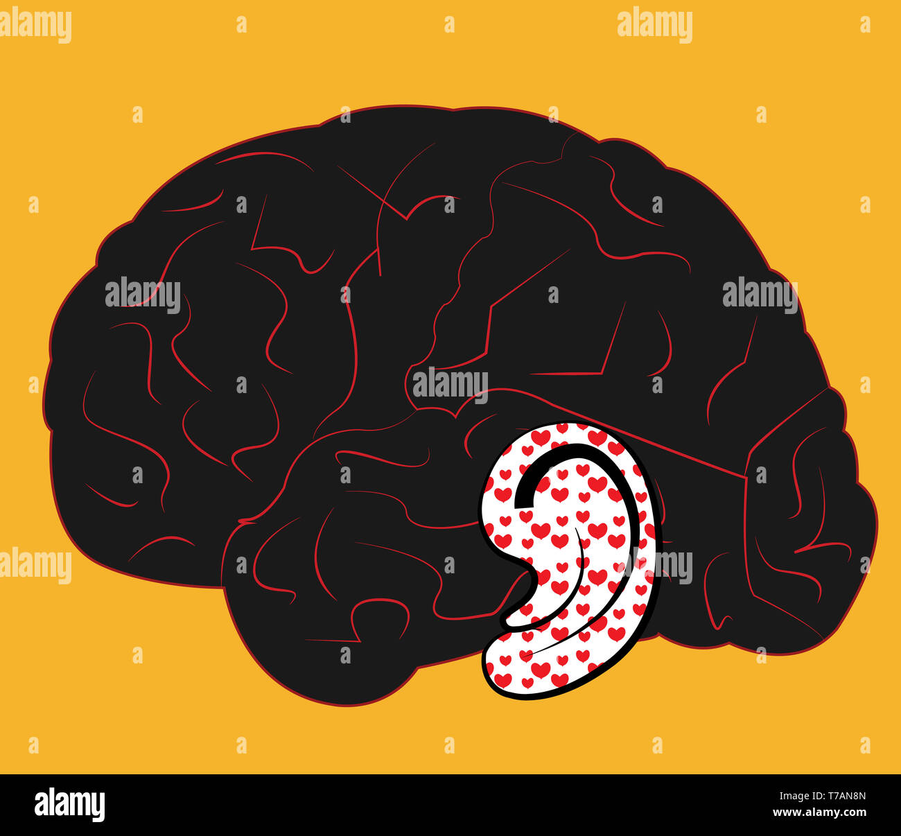 iconceptual illustration of a brain with a ear hearing love on a yellow ...