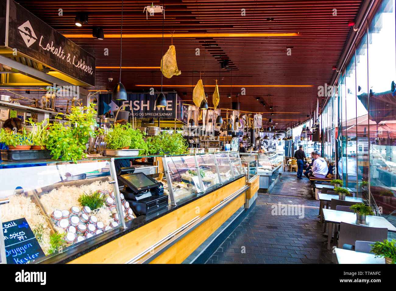 Interior of Fisketorget market and restaurant in Bergen, Norway Stock ...