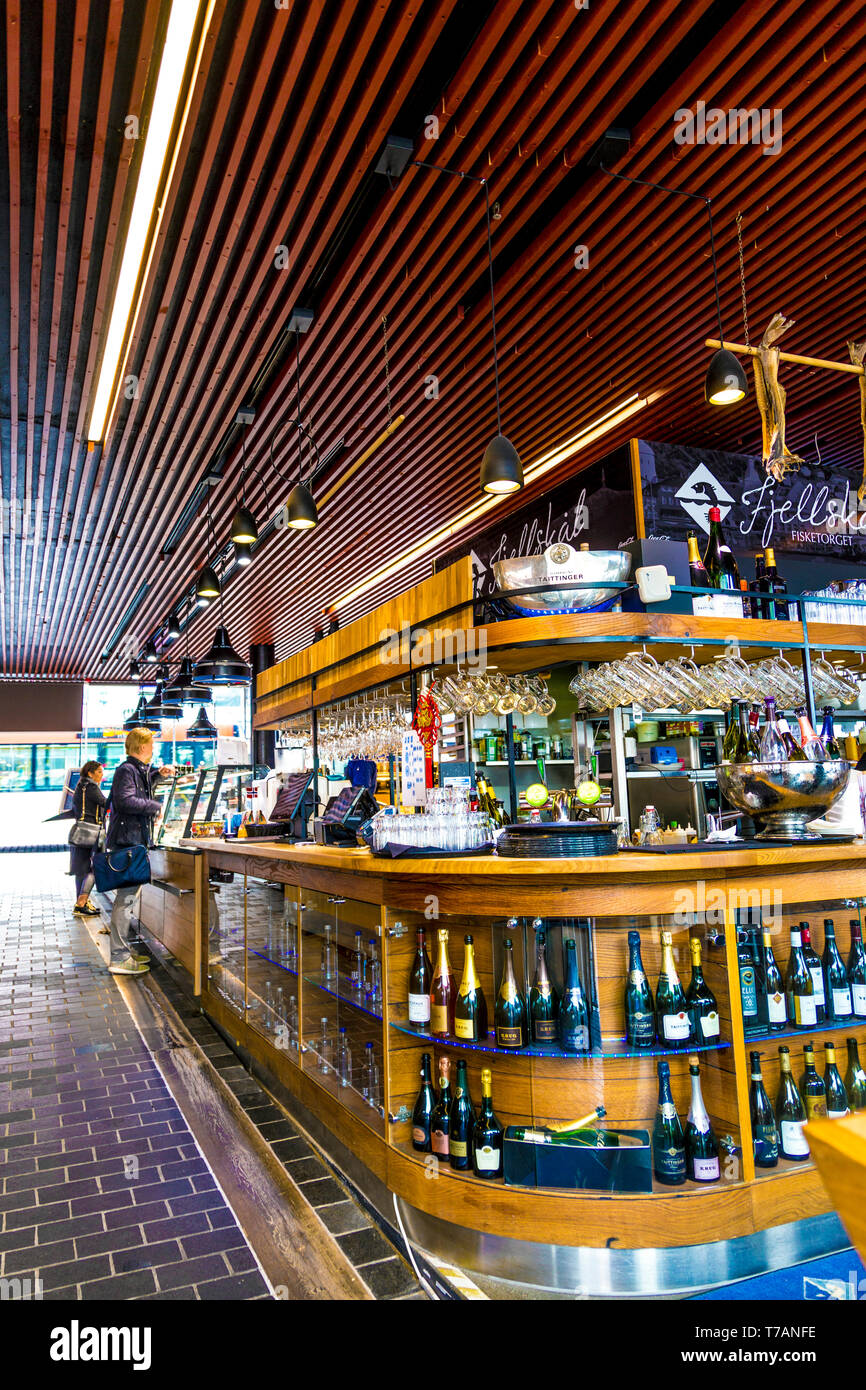 Interior of Fisketorget market and restaurant in Bergen, Norway Stock ...