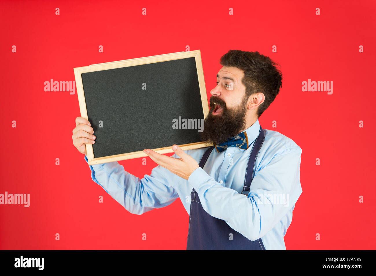 welcome on board. menu board. happy man chef with blackboard, copy ...